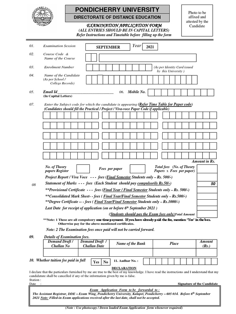 Pondicherry University: Examination Application Form | PDF | Test ...