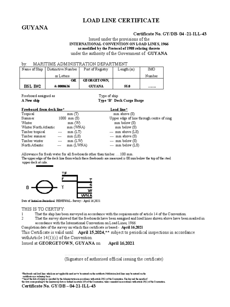 Load Line Certificate Guyana: BSL B#2 | PDF | Water Transport | Ships