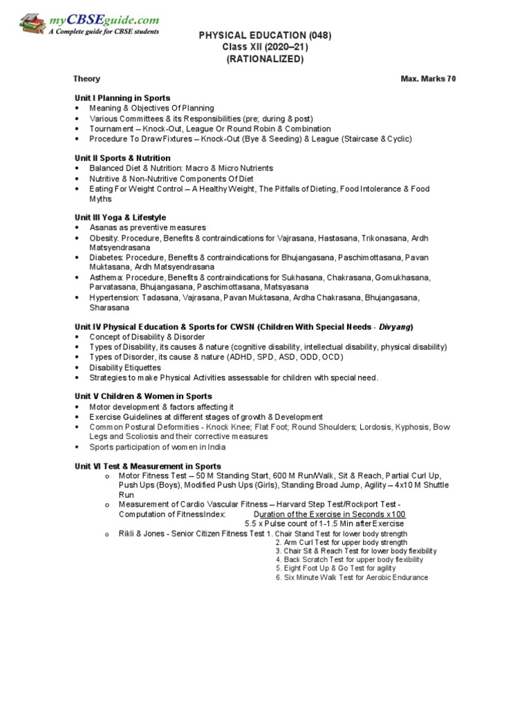Physical Education (048) Class XII (2020-21) (Rationalized) : Unit I ...