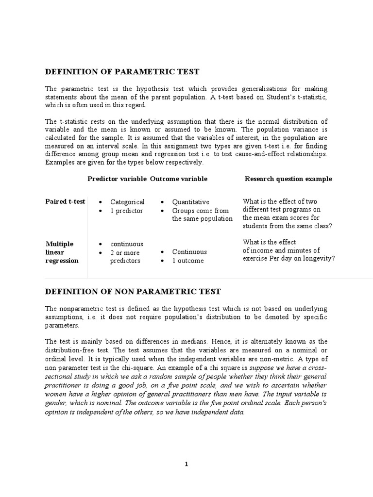 Definition of Parametric Test: Predictor Variable Outcome Variable ...
