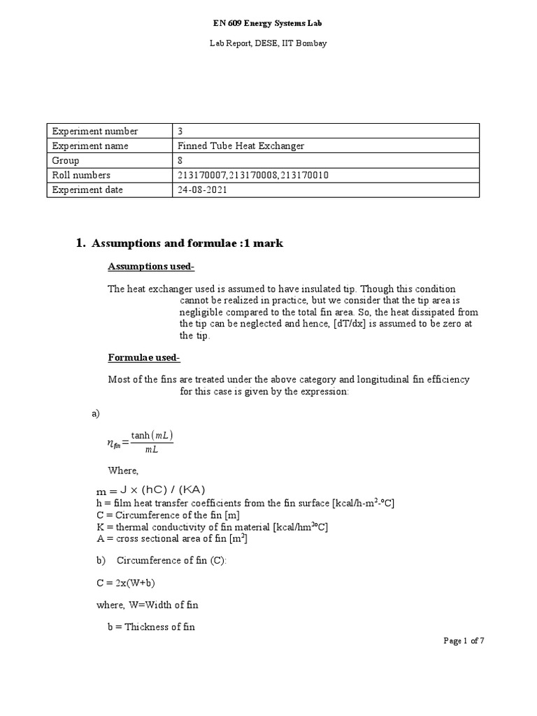 Assumptions and Formulae:1 Mark | PDF | Heat Exchanger | Heat Transfer