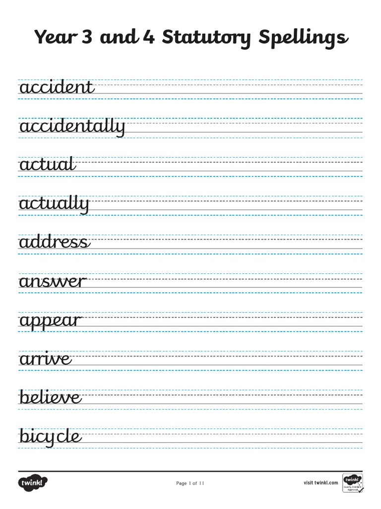 Year 3 and 4 Common Exception Words Handwriting.196176044 | PDF