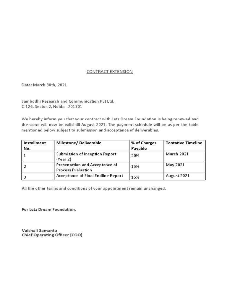 Contract Extension Letter - Sambodhi | PDF