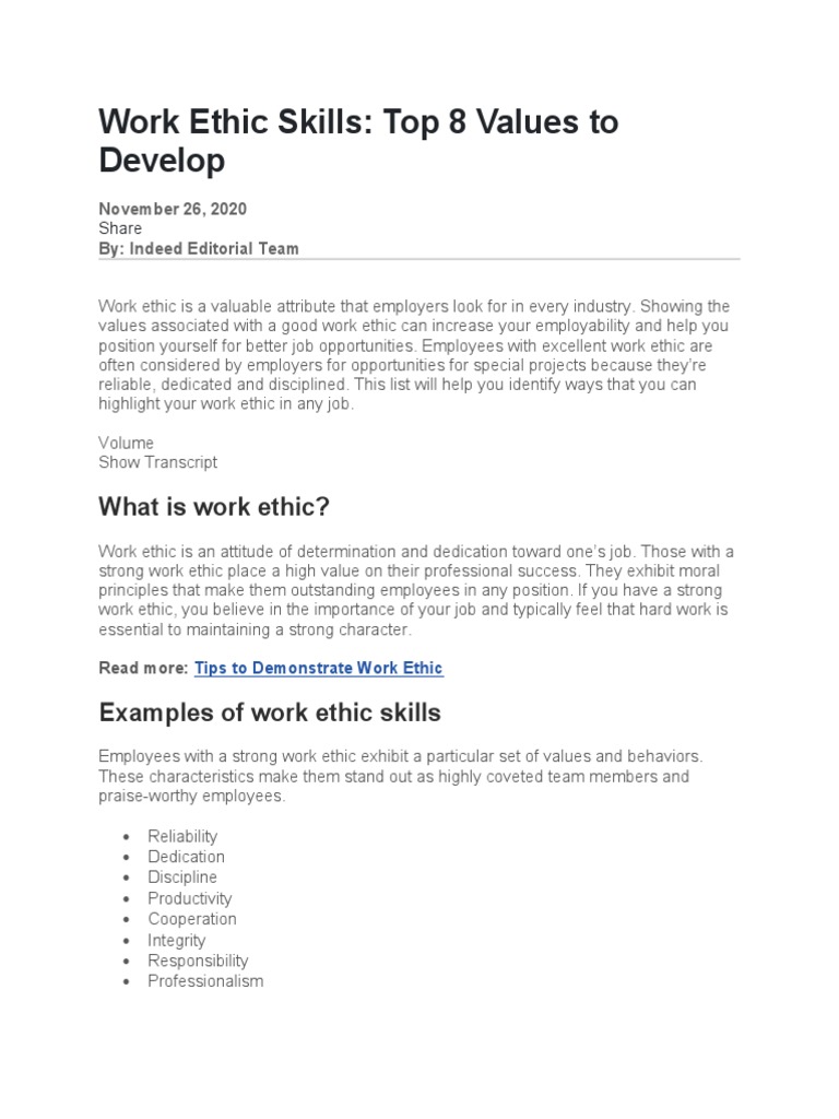 Work Ethic Skills: Top 8 Values To Develop | PDF | Integrity | Employment