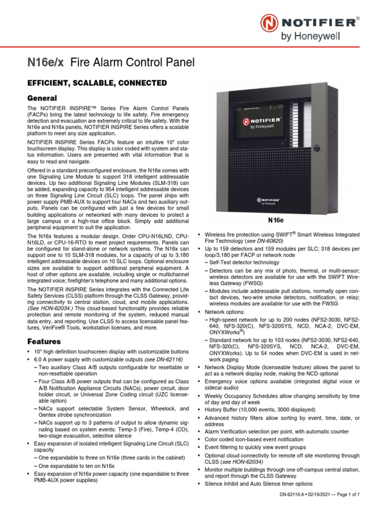 NOTIFIER INSPIRE N16e N16x Fire Alarm Control Panel Data Sheet | PDF ...
