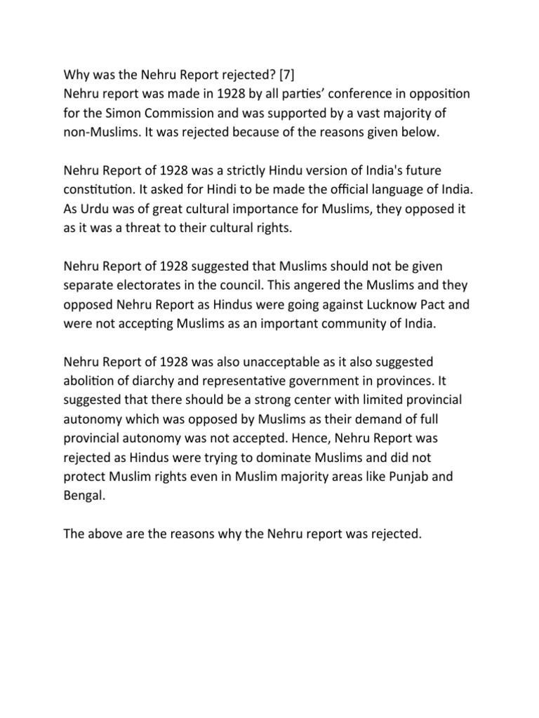 Why Was The Nehru Report Rejected | PDF