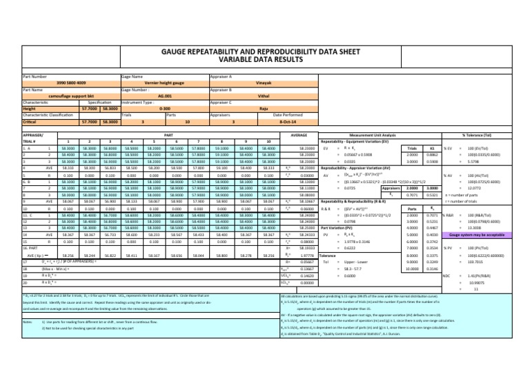 Gauge Repeatability and Reproducibility Data Sheet Variable Data ...