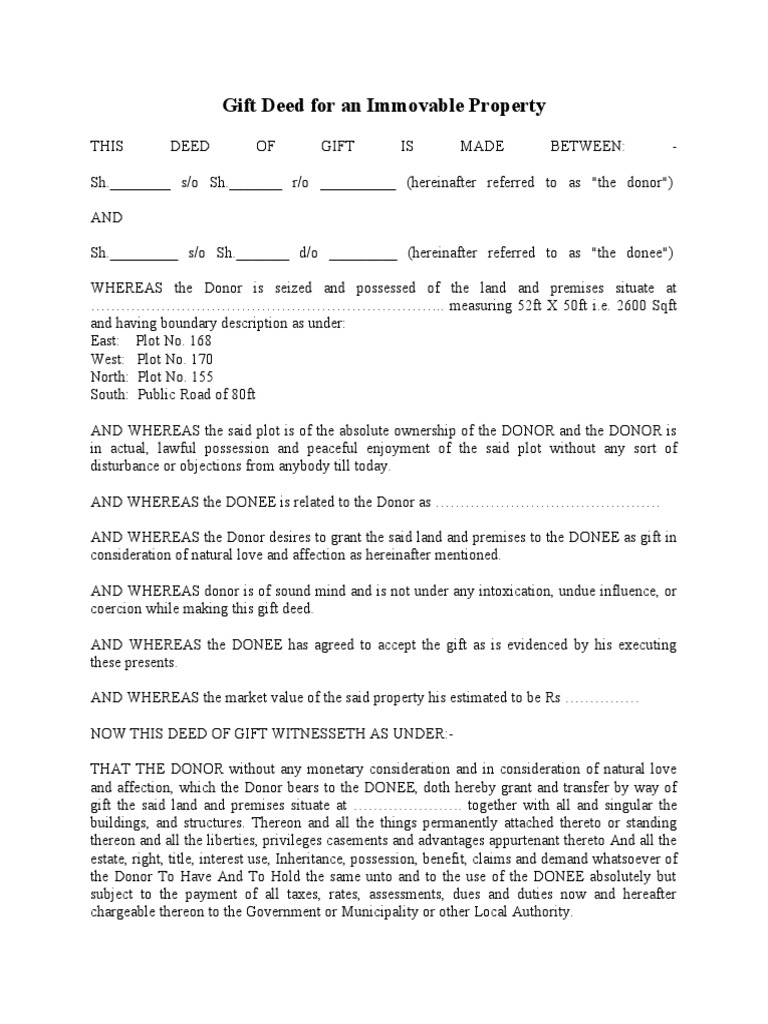 Gift Deed For An Immovable Property | PDF | Property | Deed