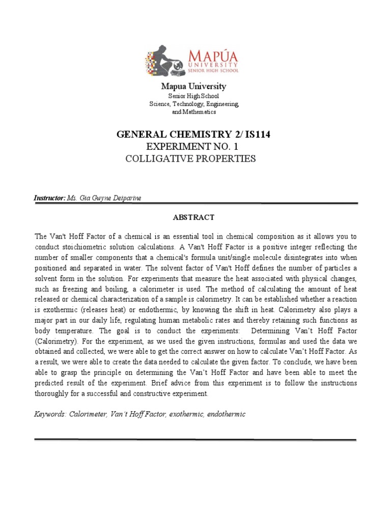 Colligative Properties: Van't Hoff Factor Experiment | PDF | Solution | Physical Quantities