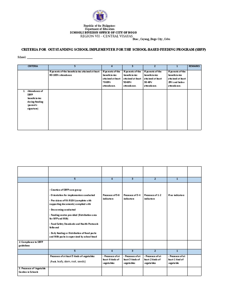 SBFP-Criteria-2021 | PDF | Vegetables | Food And Drink