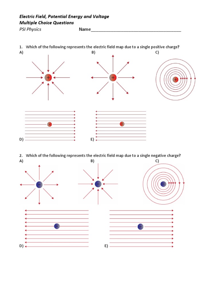 PSI Physics: Electric Field, Potential Energy and Voltage Multiple ...