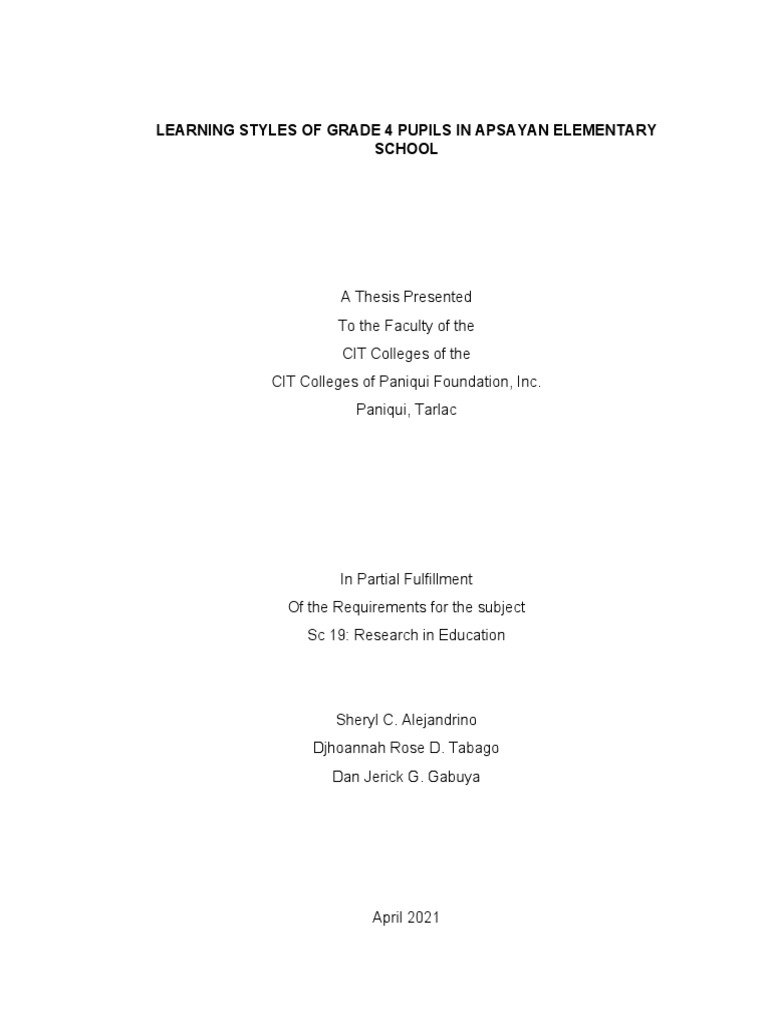Learning Styles of Grade 4 Pupils in Apsayan Elementary School | PDF ...