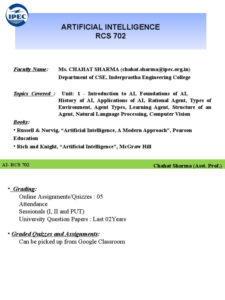 Artificial Intelligence RCS 702: Faculty Name | PDF | Artificial ...