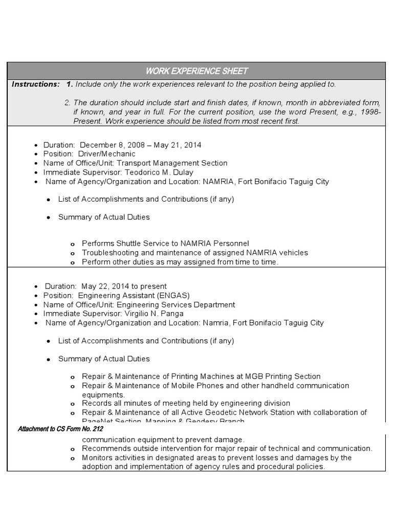 CS Form No. 212 Attachment - Work Experience Sheet | PDF | Taste | Garlic