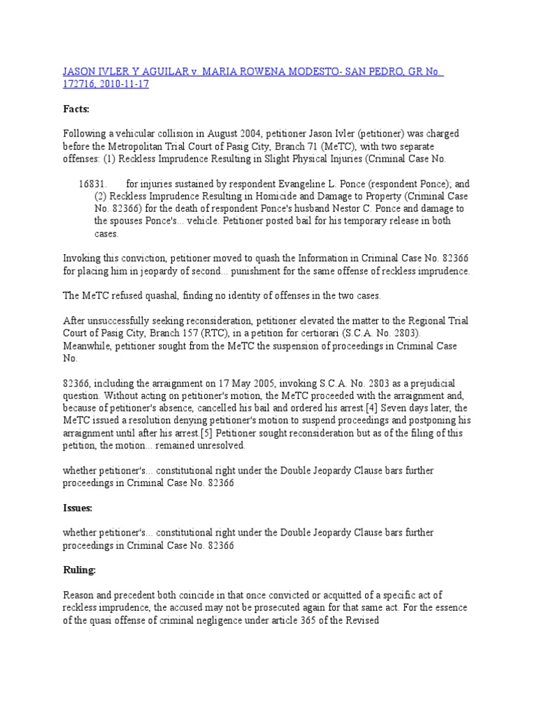 Ivler v. San Pedro Case Digest | PDF | Double Jeopardy | Crime & Violence