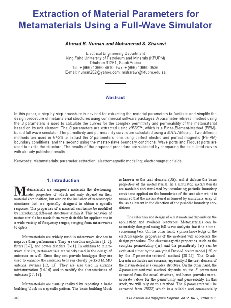Extraction of Material Parameters For Metamaterials Using A Full-Wave Simulator | PDF ...