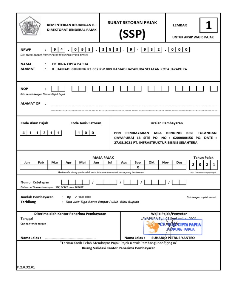 Contoh Surat Setoran Pajak SSP | PDF