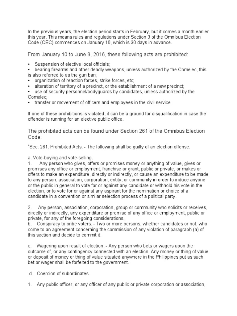 Summary Prohibited Acts Election | PDF | Elections | Employment