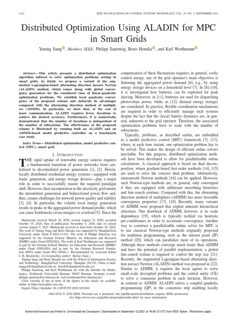 Distributed Optimization Using ALADIN For MPC in Smart Grids | PDF | Mathematical Optimization ...
