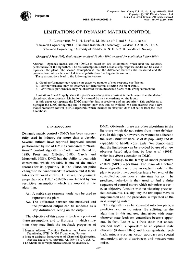 Limitations Of Dynamic Matrix Control Pdf Control Theory Kalman Filter 0872