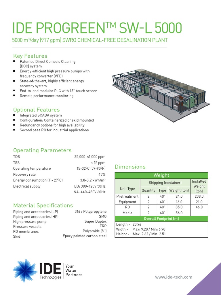 Ide Progreen SW-L 5000: Key Features | PDF | Pump | Desalination