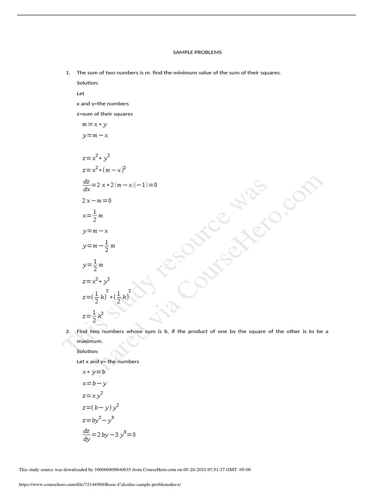 Basic Calculus Sample Problems | PDF | Mathematics | Mathematical Analysis