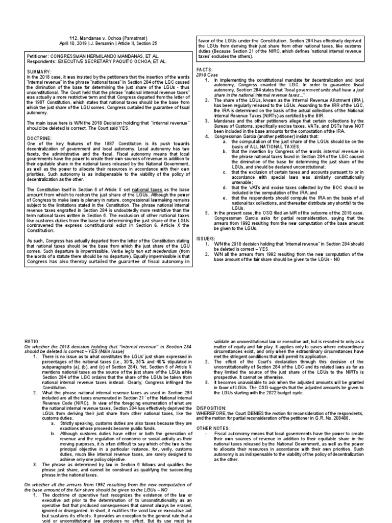 Mandanas v. Ochoa Case Summary | PDF | Taxes | Internal Revenue Service