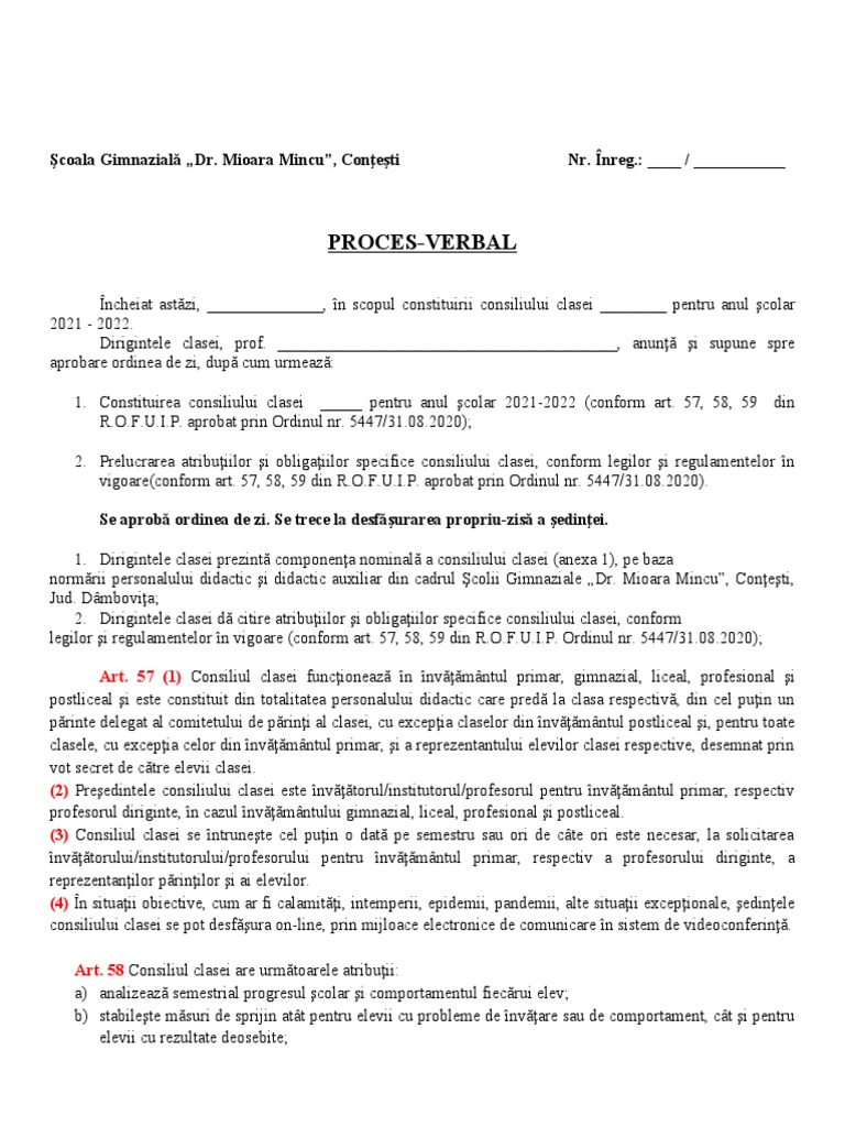 Proces Verbal Constituire Consiliul Clasei | PDF