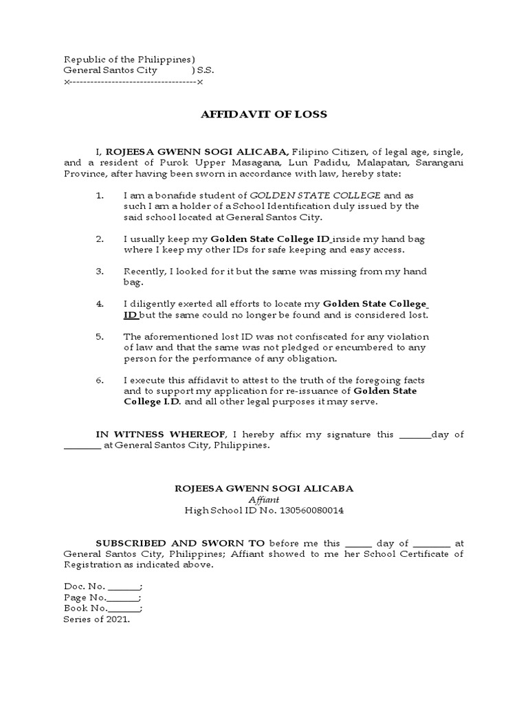 Affidavit of Loss: Affiant | PDF