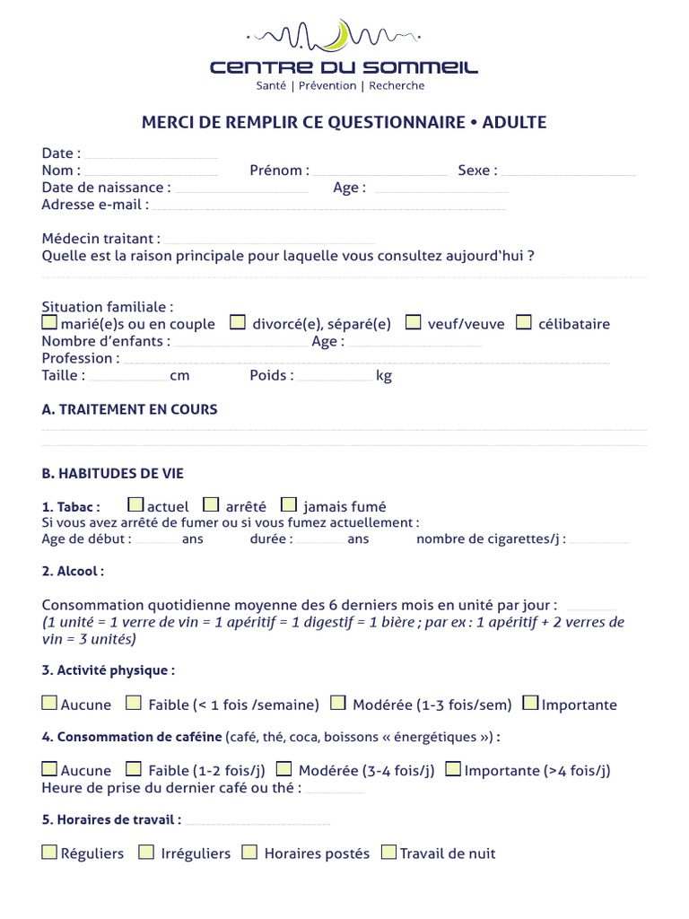 Questionnaire sur le sommeil des adultes | PDF | Sommeil | Café