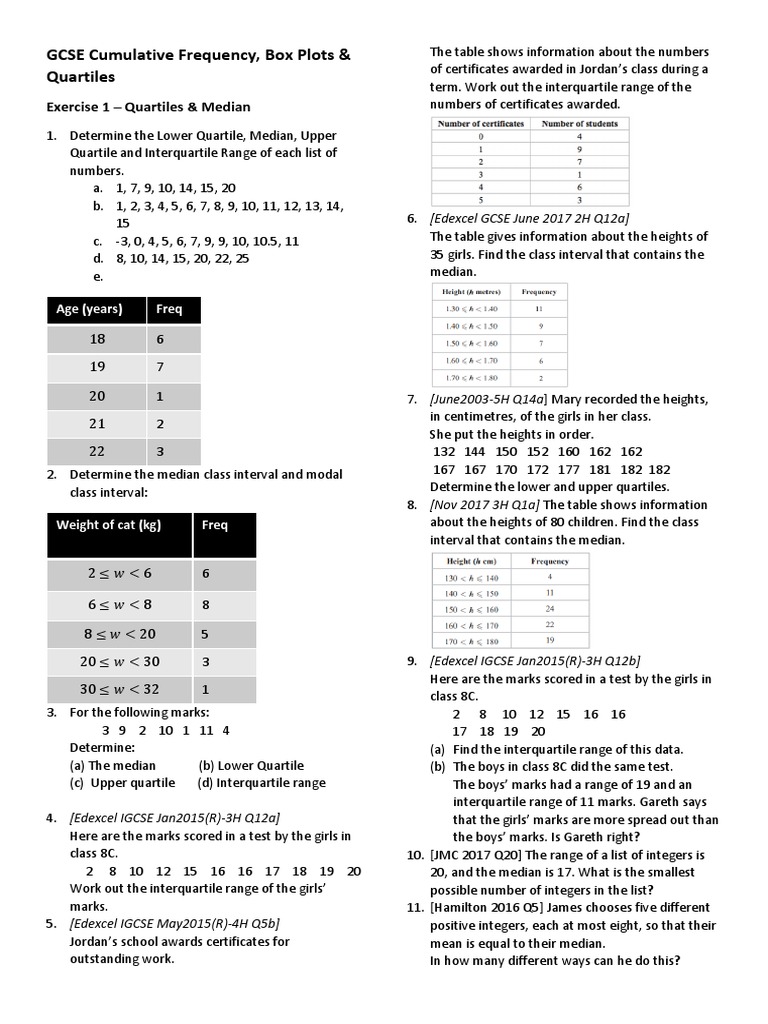 GCSE Cumulative Frequency, Box Plots & Quartiles | PDF | Quartile