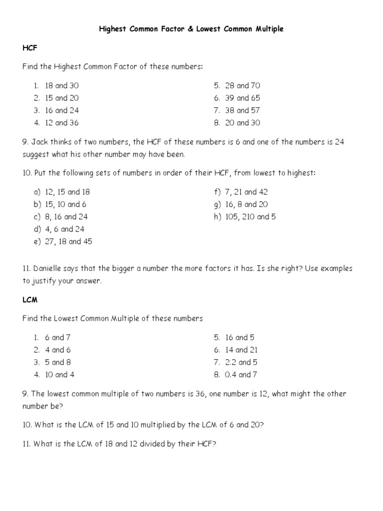 HCF & LCM Worksheet - Inc 3 Nos HCF | PDF
