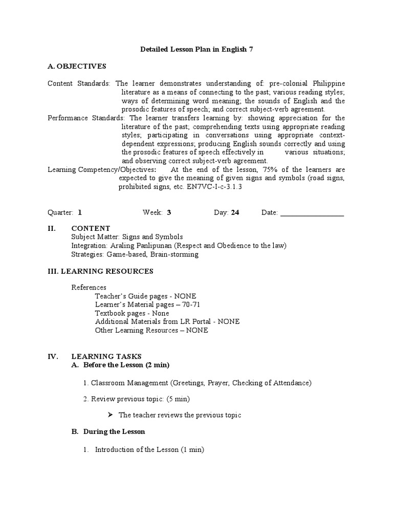 Detailed Lesson Plan in English 1 | PDF | Lesson Plan | Learning
