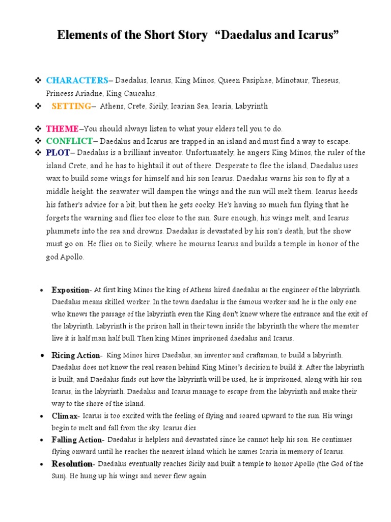 Elements of The Short Story "Daedalus and Icarus": Characters | PDF ...
