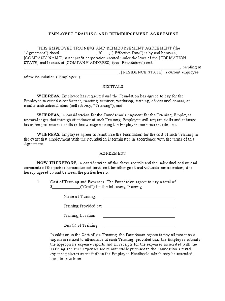 Sample Employee Training Agreement | PDF | Employment | Expense