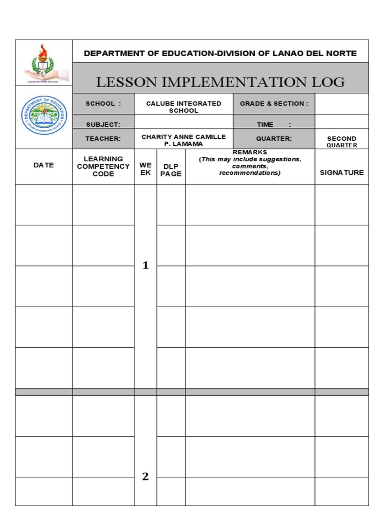 Lesson Implementation Log | PDF