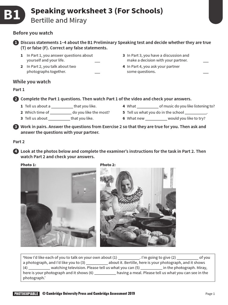 Open World Preliminary - B1 - Speaking Worksheet 1 | PDF | Test ...