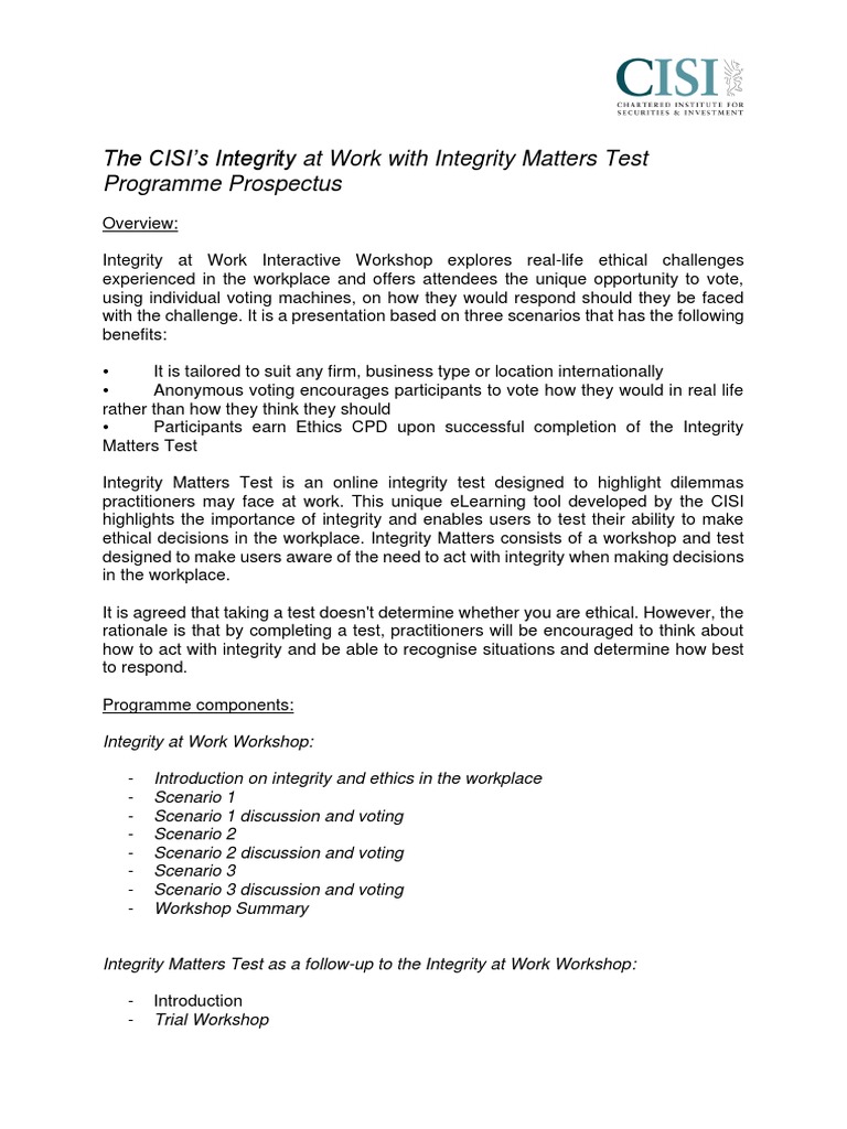 Integrity at Work With Integrity Matters Test Programme Propsectus ...