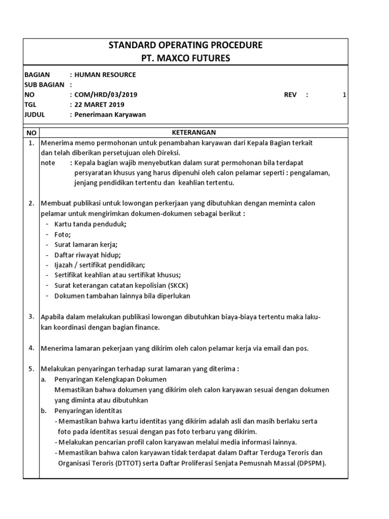SOP Penerimaan Karyawan | PDF