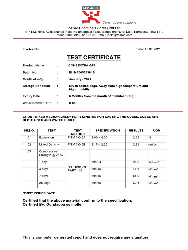 GP2 Grout Test Certificate Summary | PDF