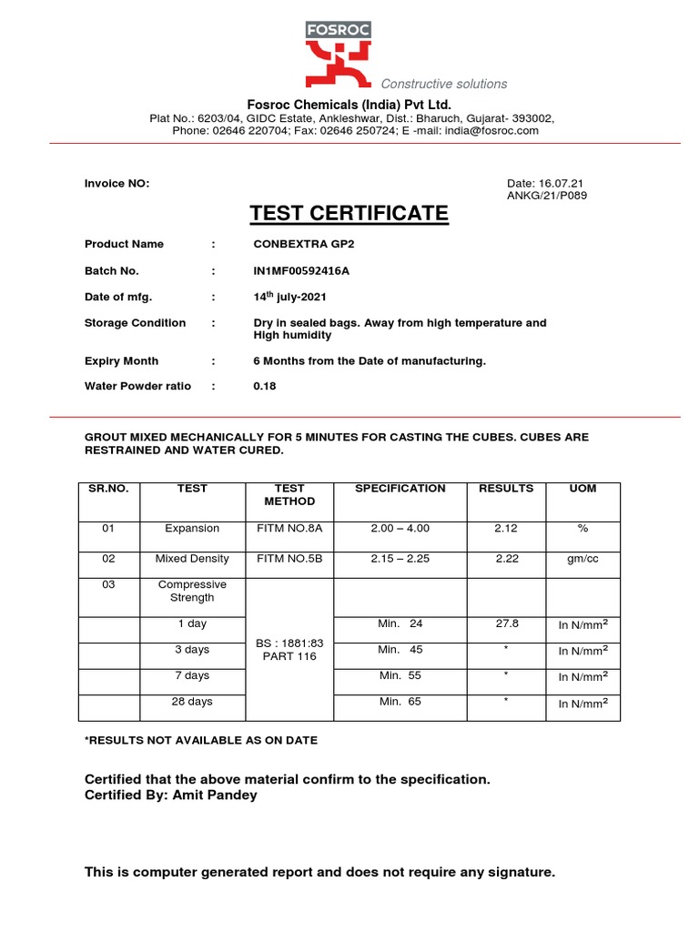 Test Certificate: Fosroc Chemicals (India) PVT LTD | PDF