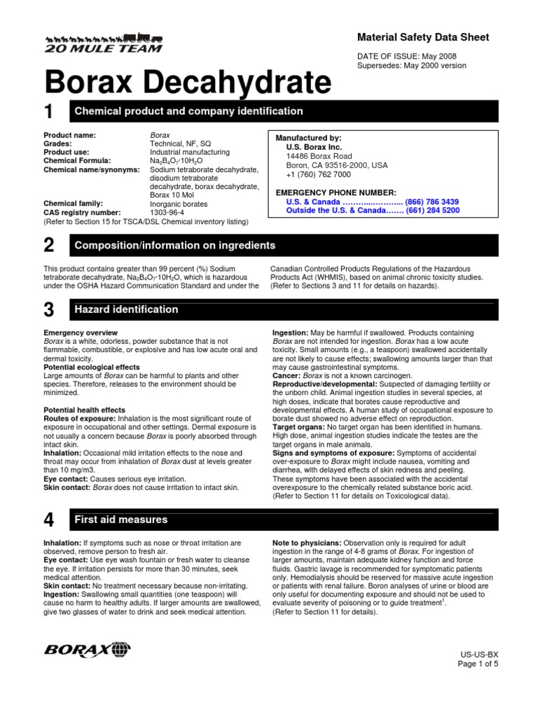 MSDS Borax Decahydrate | PDF | Boron | Resource Conservation And Recovery Act