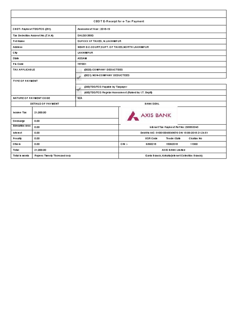 CBDT E-Receipt for TDS Payment | PDF