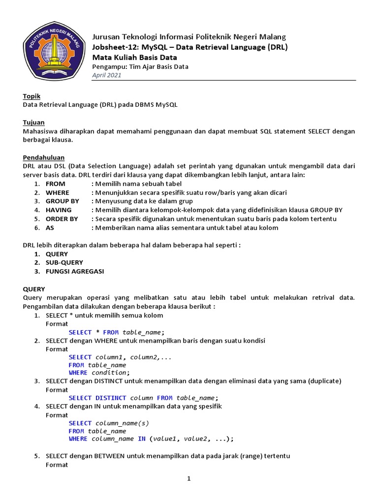 MySQL - Data Retrieval Language (DRL) 2021 | PDF