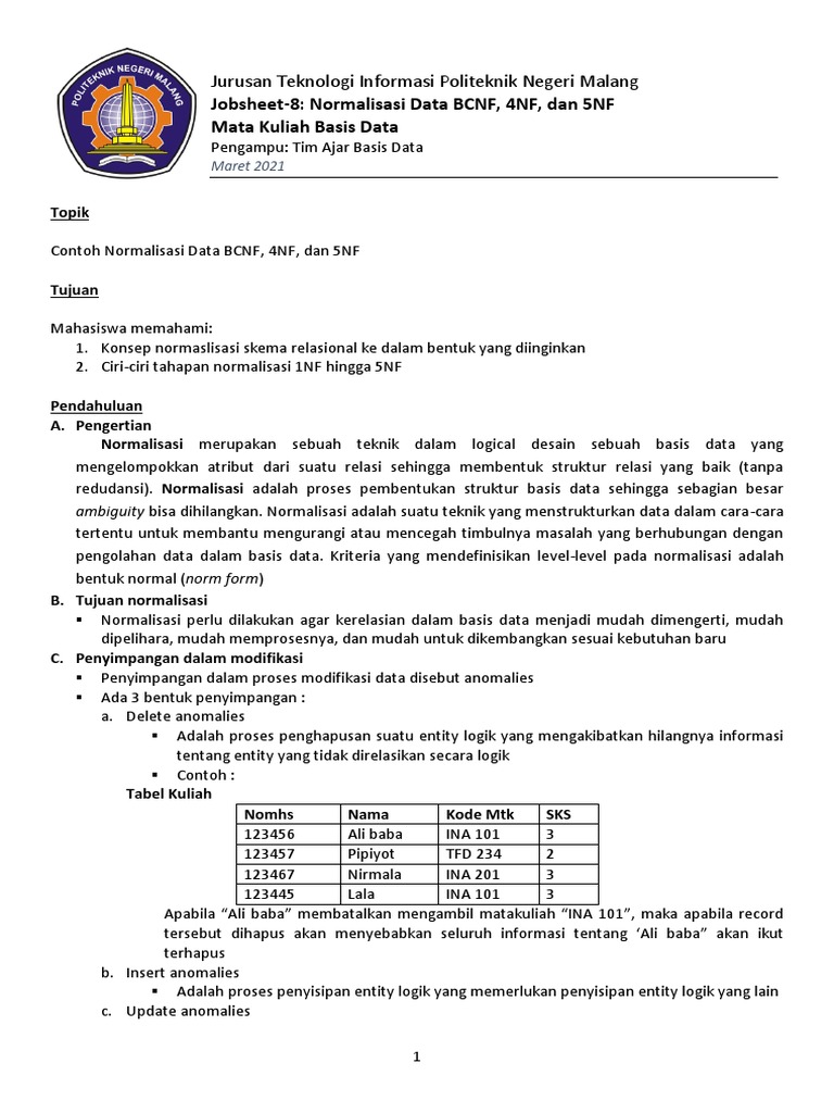 Jobsheet - Normalisasi BCNF, 4NF, Dan 5NF | PDF