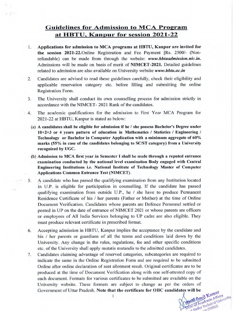 Guidelines Of Mca Admission 2021 22 Pdf 