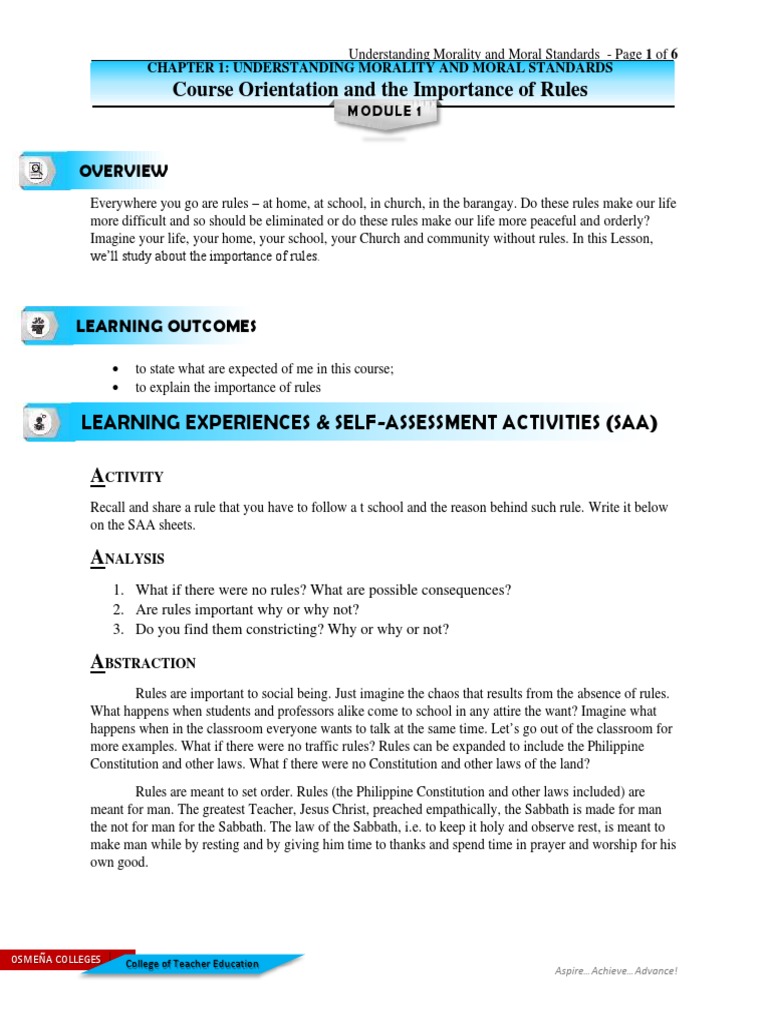 Course Orientation and The Importance of Rules: Chapter 1: Understanding Morality and Moral ...