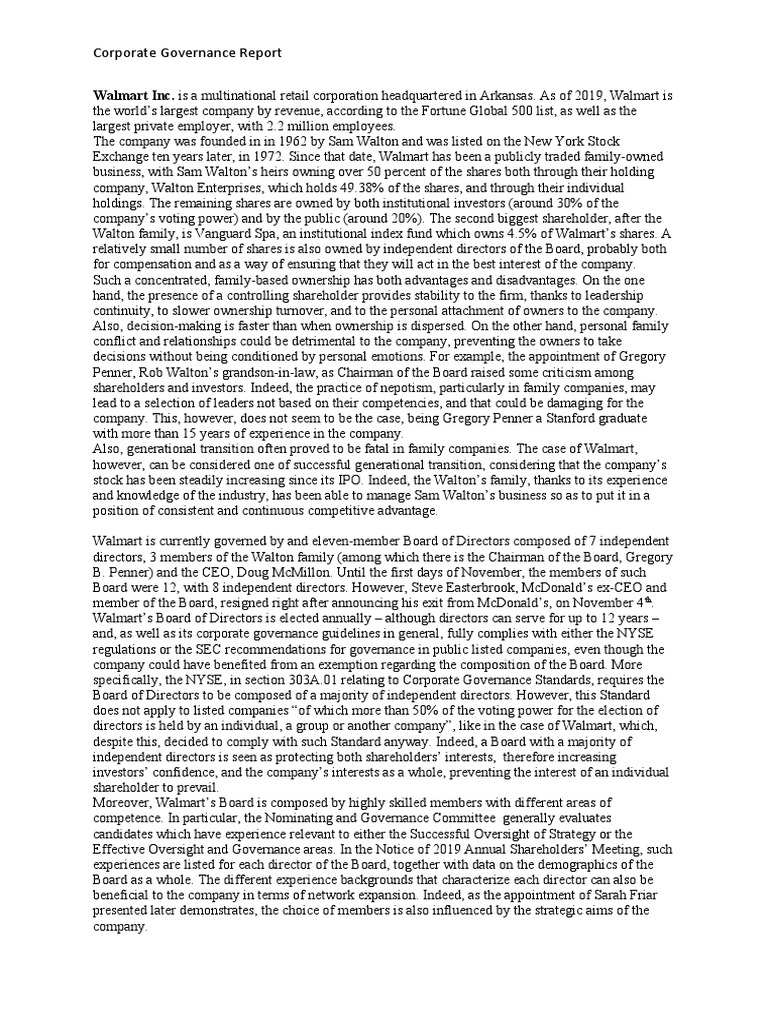 Walmart Corporate Governance Overview | PDF | Corporate Governance ...
