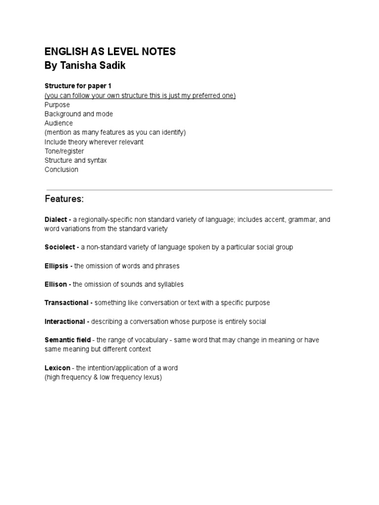 English As Level Notes - Tanisha | PDF | English Language | Language ...