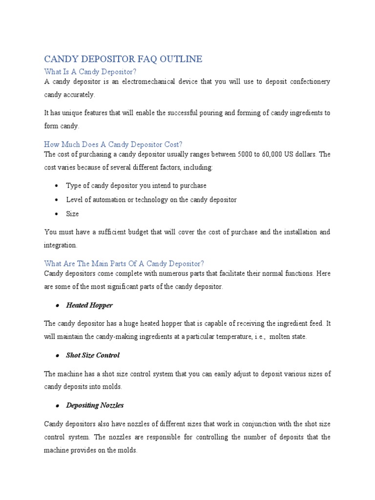 Candy Depositor: Costs, Parts, and Benefits | PDF | Candy | Caramel